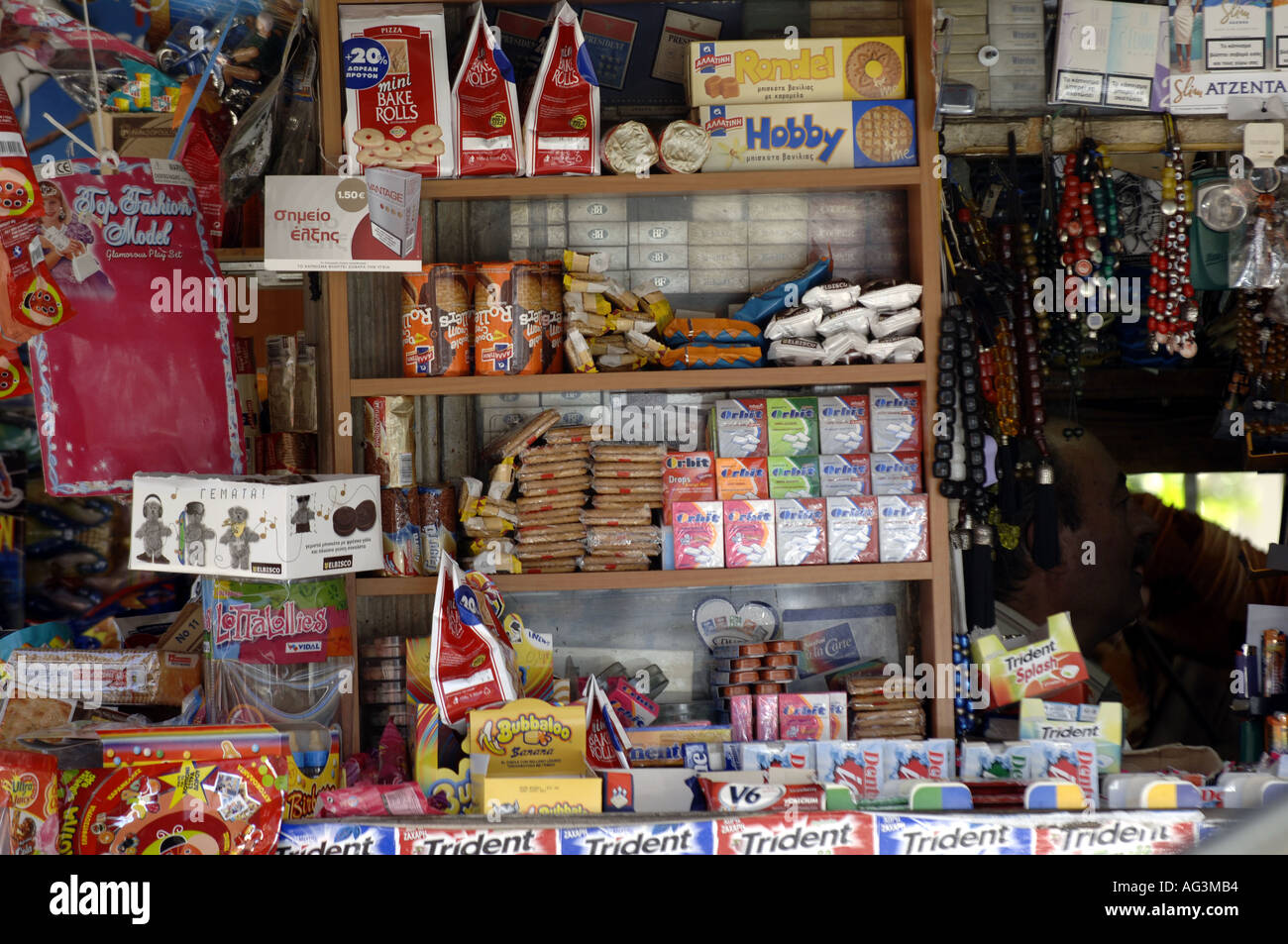 Agrinon Greece street kiosk store stall shop convenience foods biscuits ...
