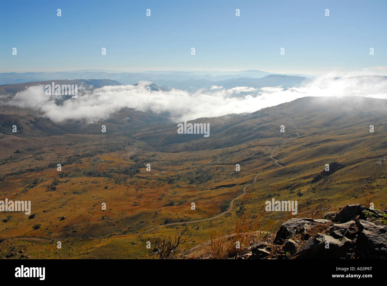 Mist covered foothills of the Natal Drakensberg near Louwsburg. The ...