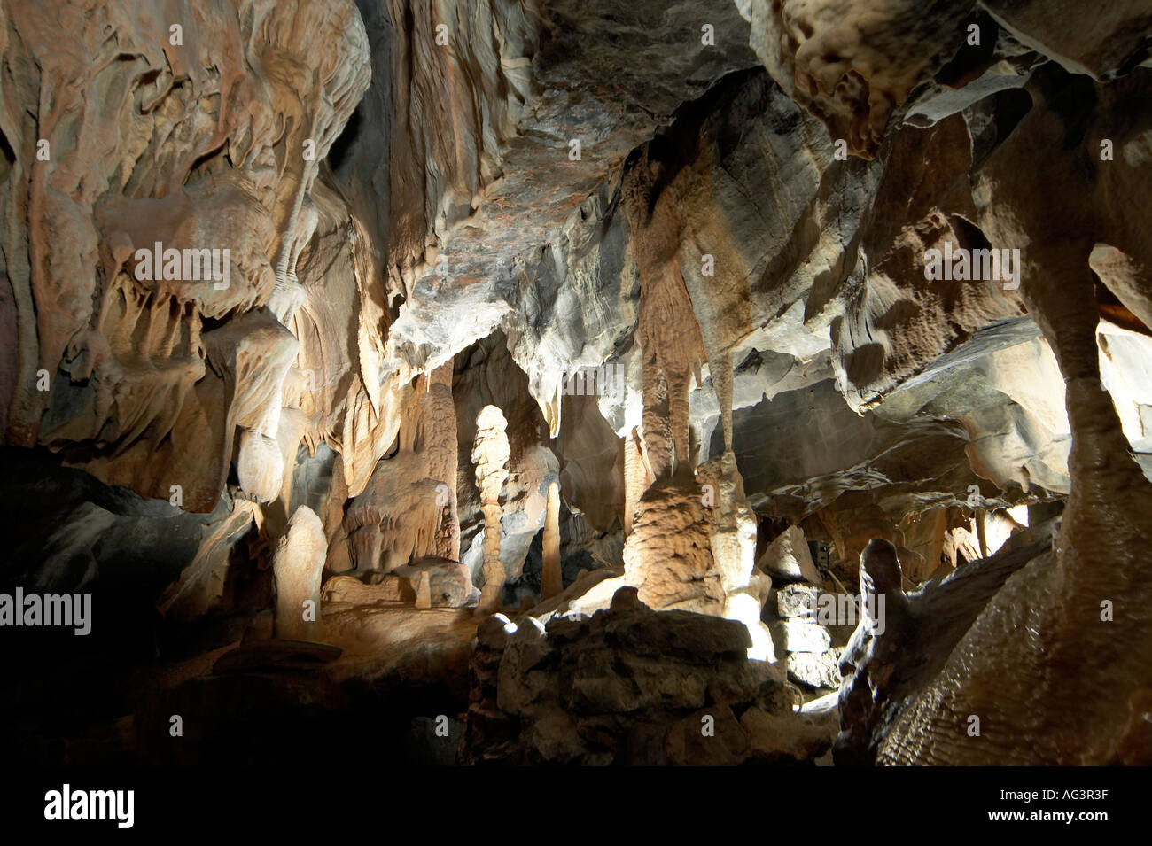 Cox s Cave with stalagmites and stalagtites in limestone Cheddar Gorge ...