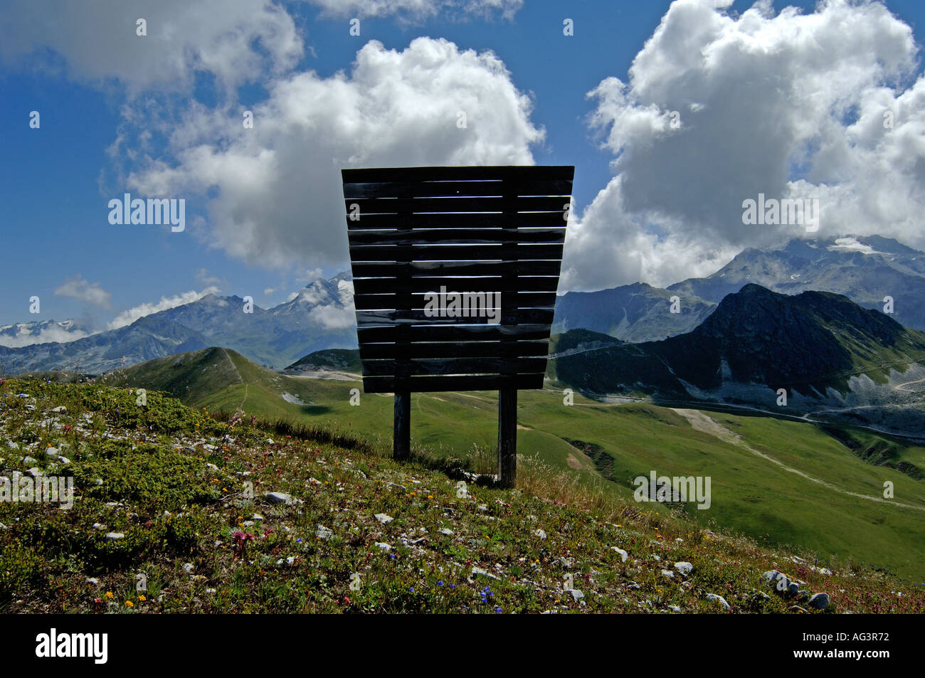 Wooden avalanche protection barriers on mountain slope in the french ...