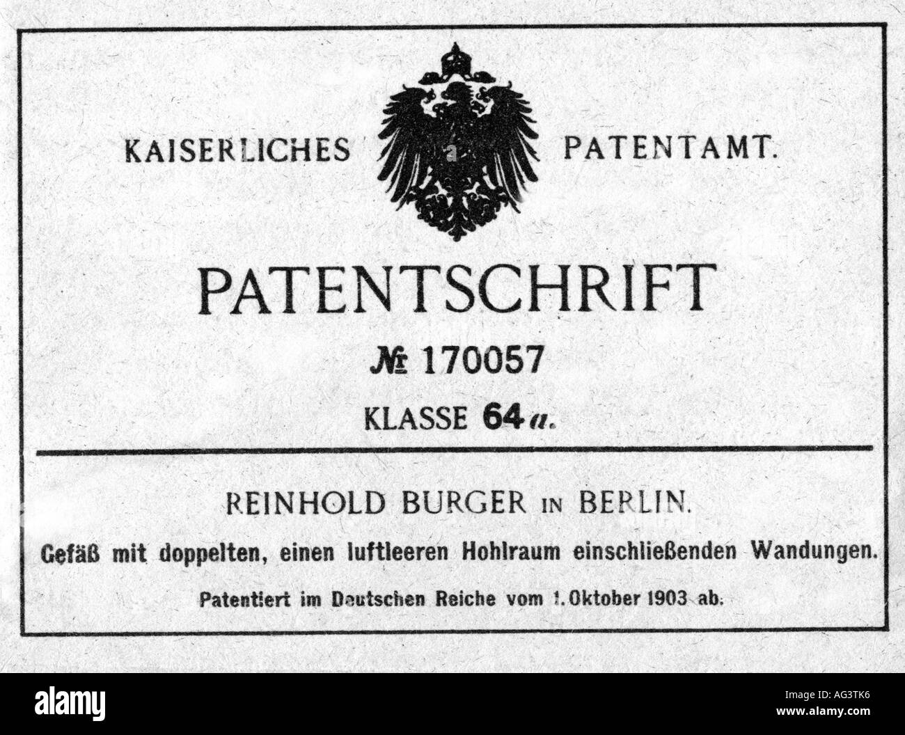 Burger, Reinhold, 12.1.1866 - 21.12.1954, German inventor, patent for ...