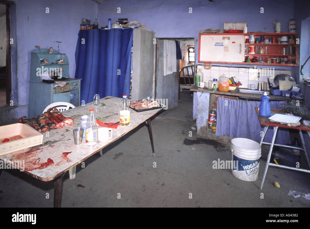 Inside the kitchen of a poor house showing pieces of raw bloody meat on ...