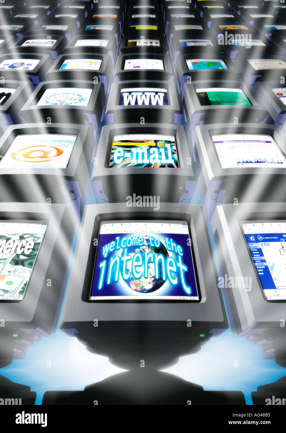 Wall of computer monitors connected to the internet vertical Stock ...