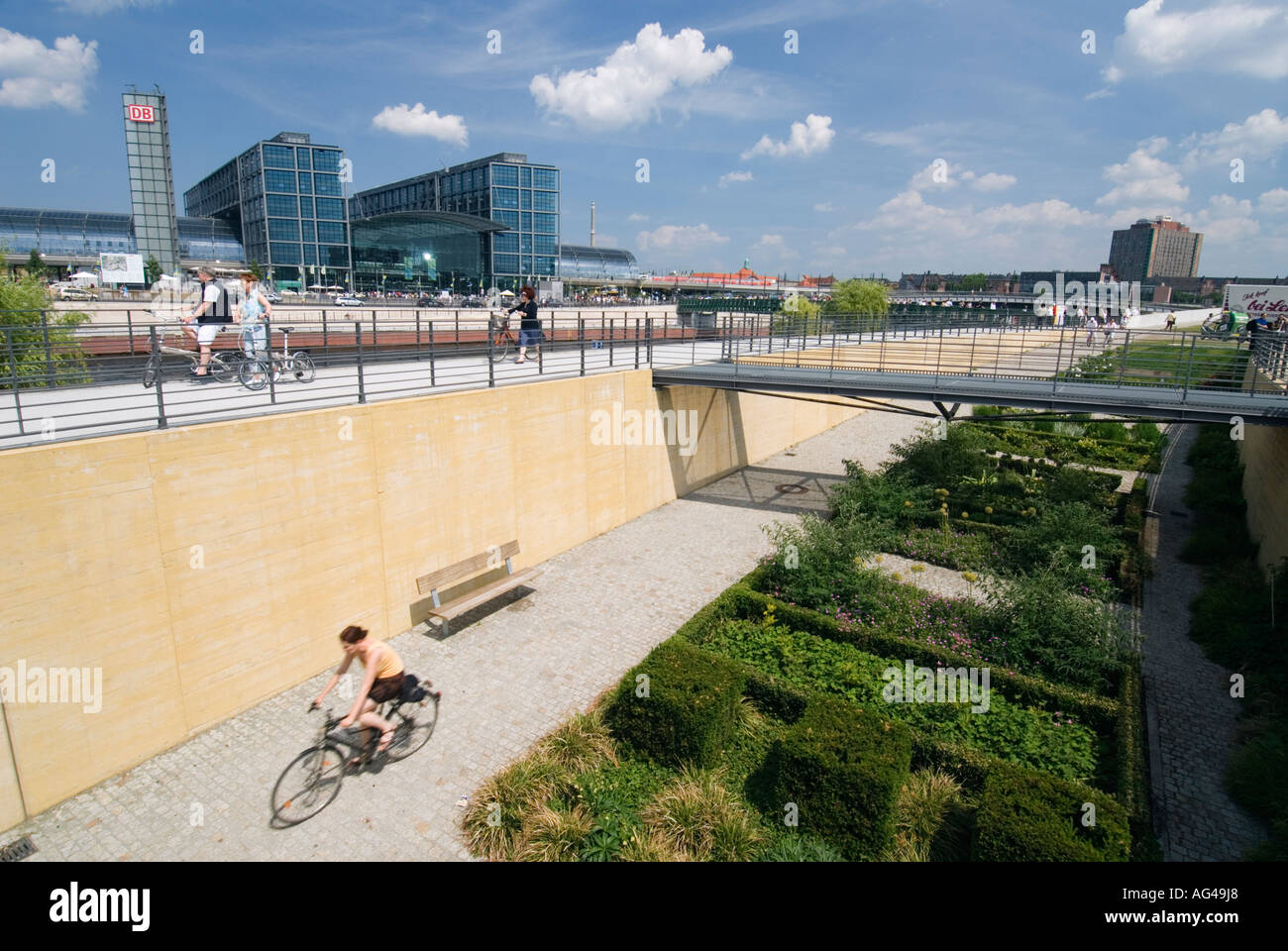 Sunken garden beside Spree River promenade on newly landscaped ...