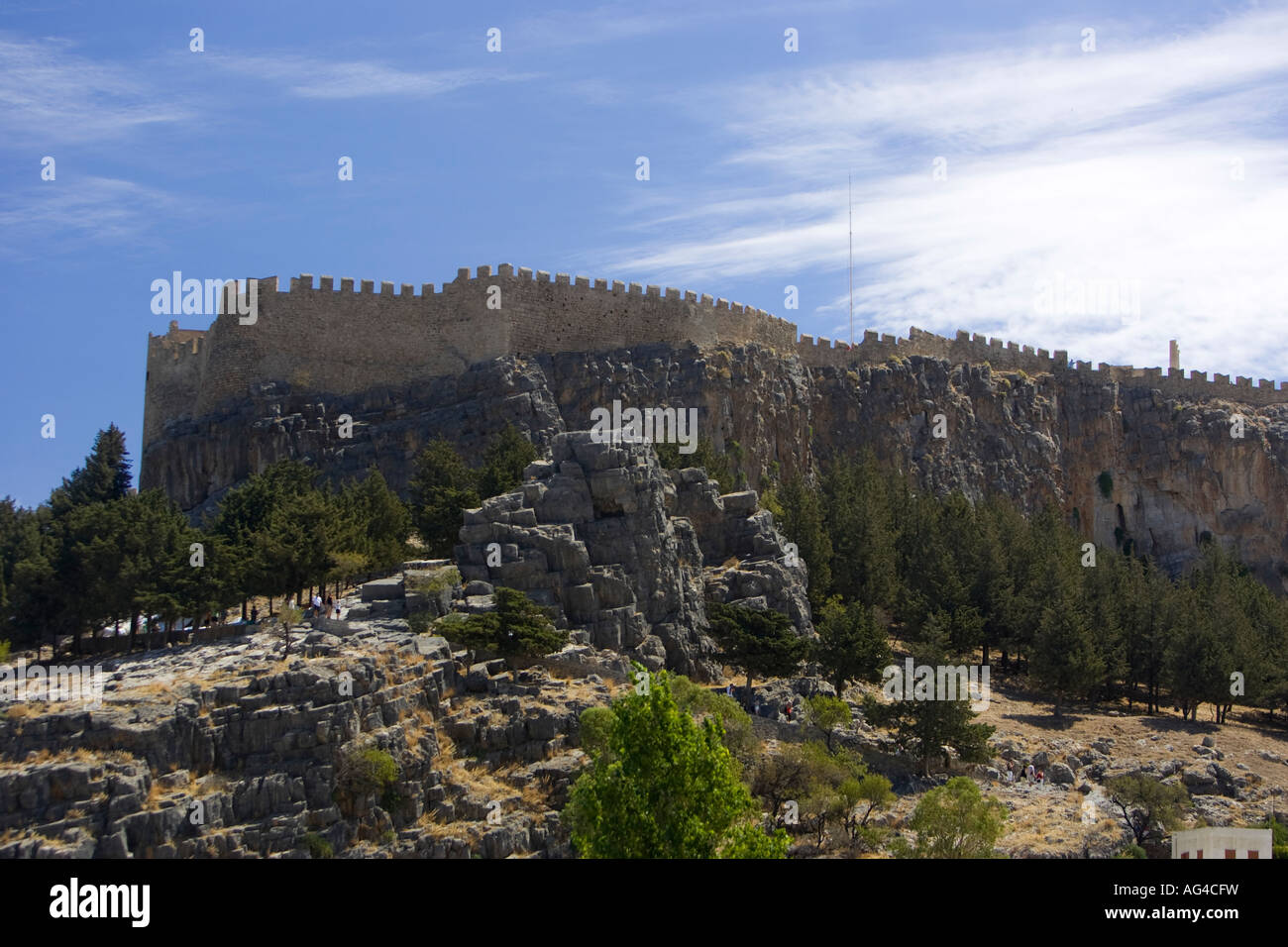 Castle walls surronding the acropolis on top of the hill at Lindos on ...