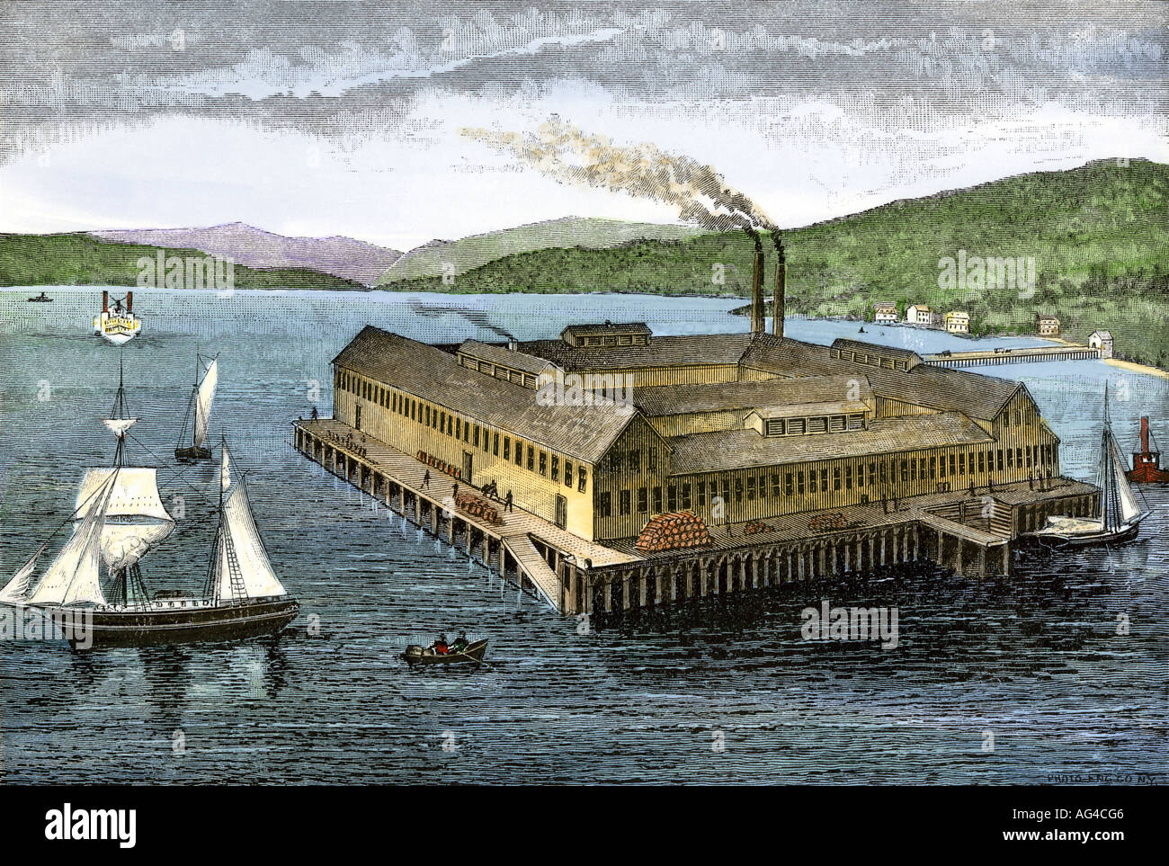 Salmon cannery on the Pacific coast at Astoria Oregon 1880s. Hand ...