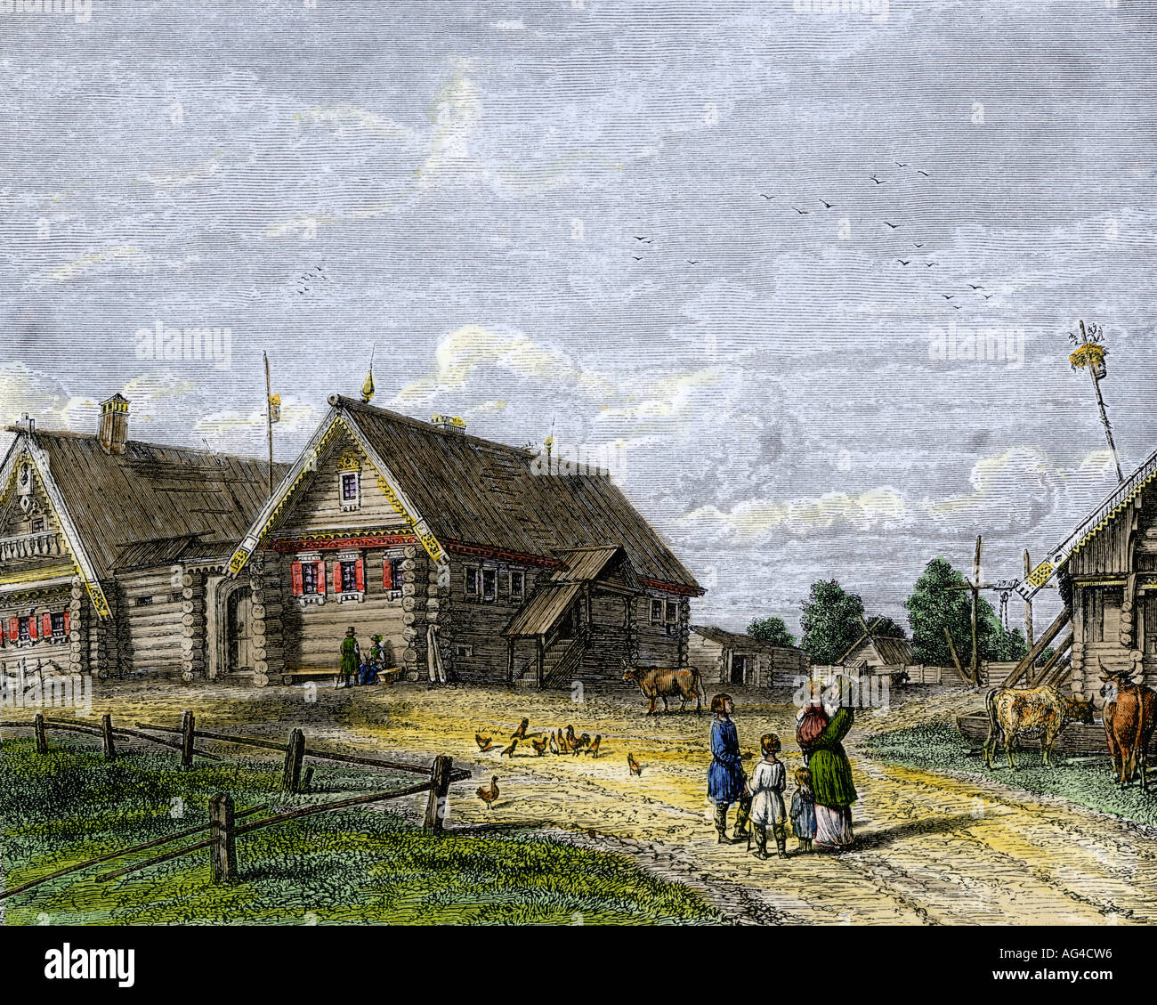 Russian village in the southern agricultural zone 1800s. Hand-colored ...