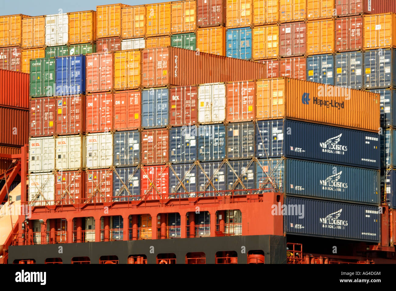 Hapag Lloyd Container Ship Cargo Containers stacked on deck Stock Photo - Alamy