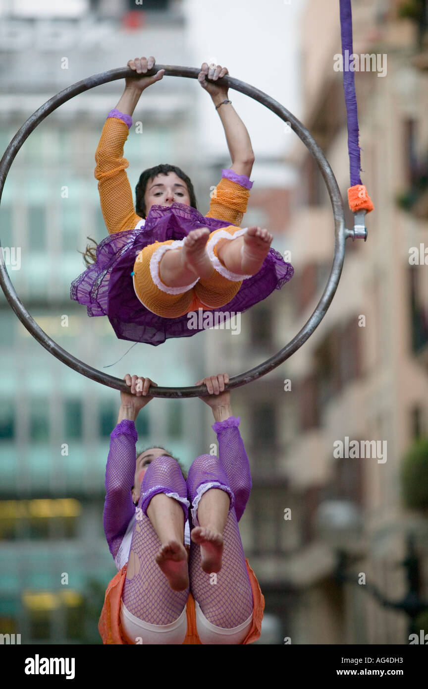 Two female acrobats perform in Gran Via Bilbao Pais Vasco Basque ...