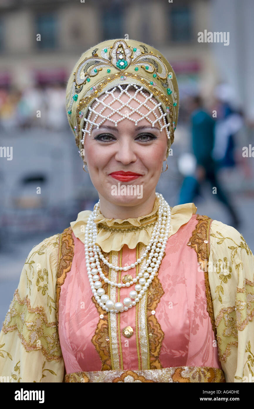 Female singer of Orenburg State Russian Folk Choir smiling at camera ...
