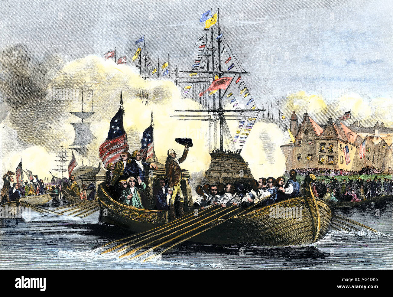George Washington arrives at New York City by boat for his inauguration ...