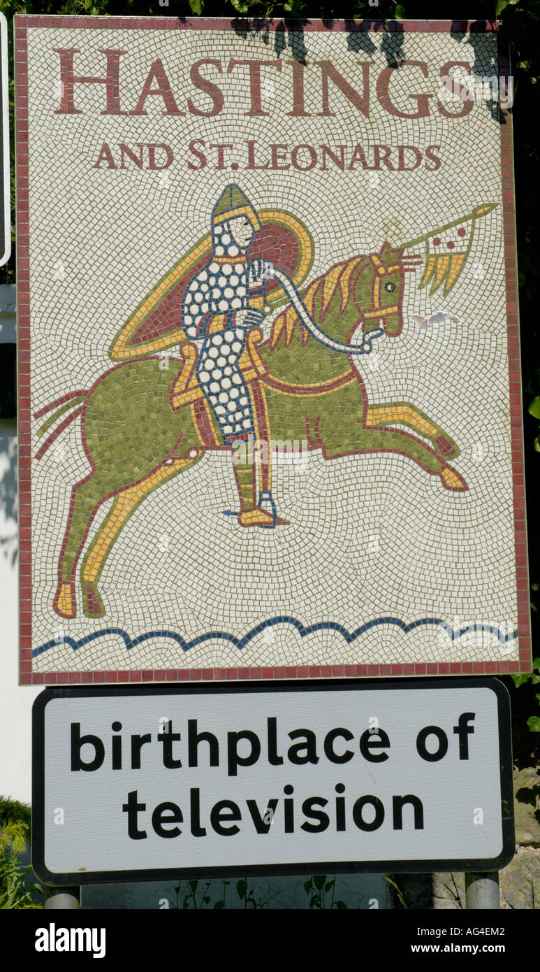 Sign at the entrance to Hastings East Sussex birthplace of television ...
