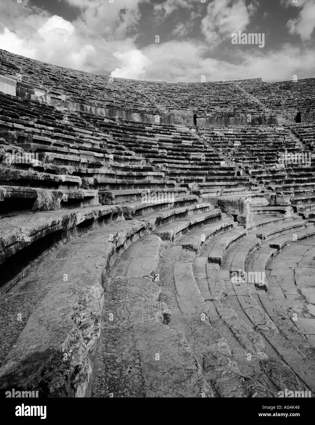 View of an old Turkish theater in the coastal resort Side near to ...