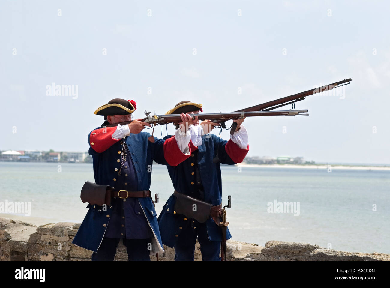 Reenactors firing flintlock rifles, St. Augustine, Florida Stock Photo ...