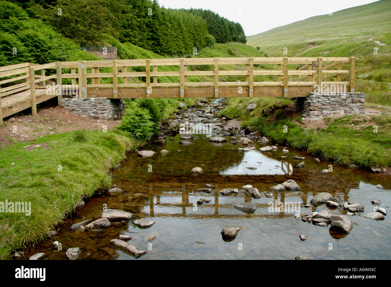 Wooden bridge over stream on Beacons Way walking route to Pen y Fan ...