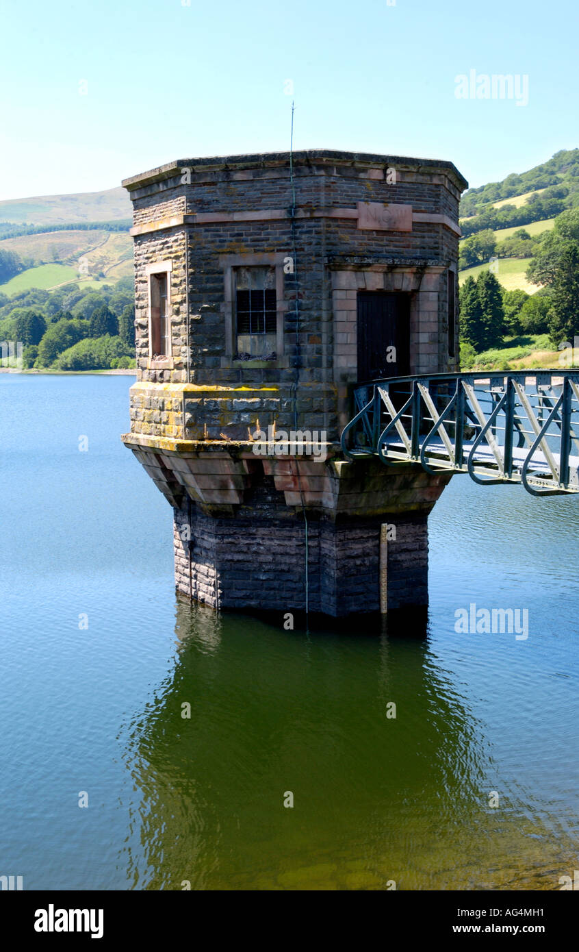 View over Talybont Reservoir valve tower in the Brecon Beacons National ...
