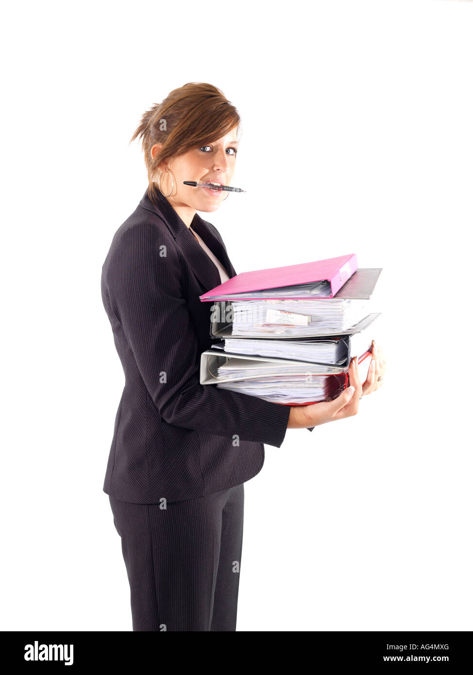 Young Woman Holding Pile of Files Model Released Stock Photo - Alamy