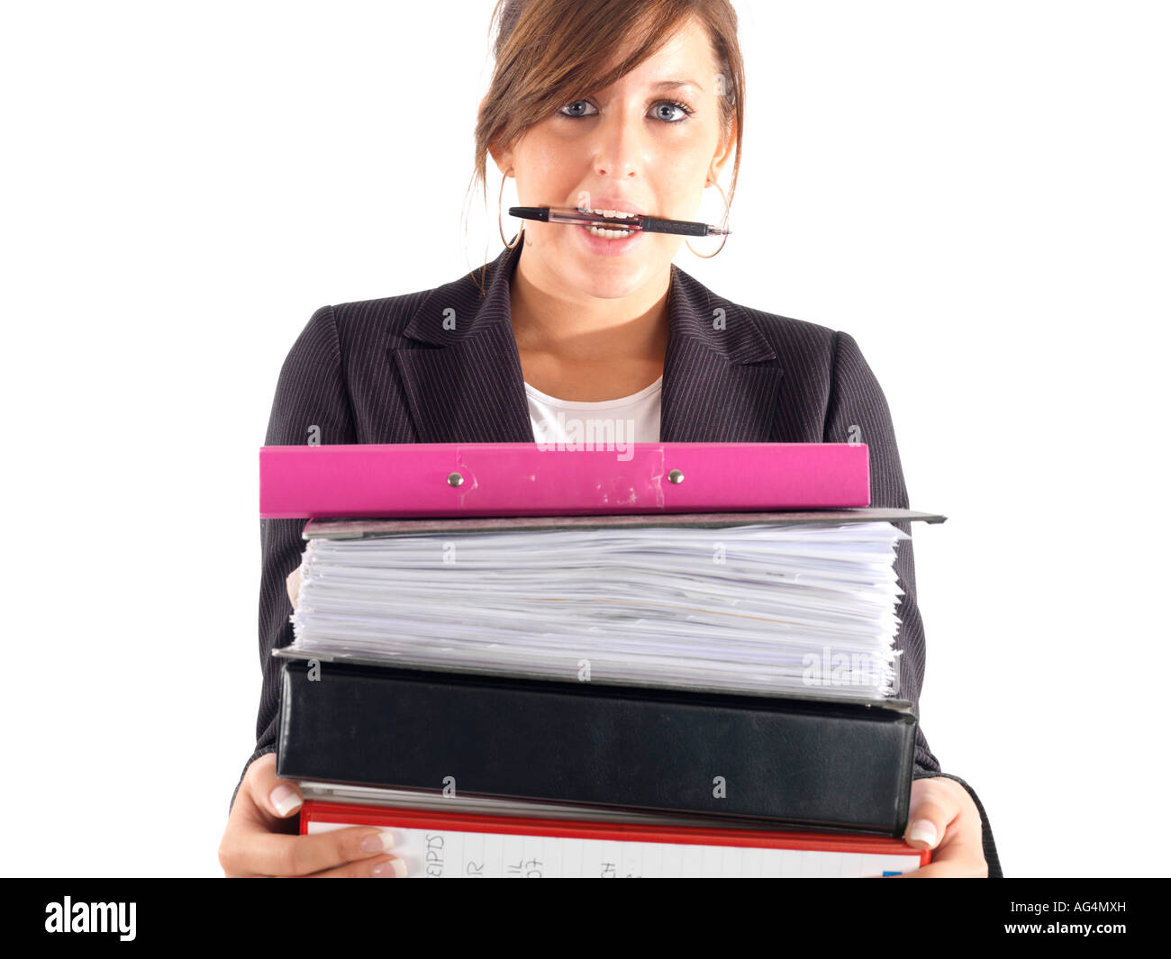 Young Woman Holding Pile of Files Model Released Stock Photo - Alamy