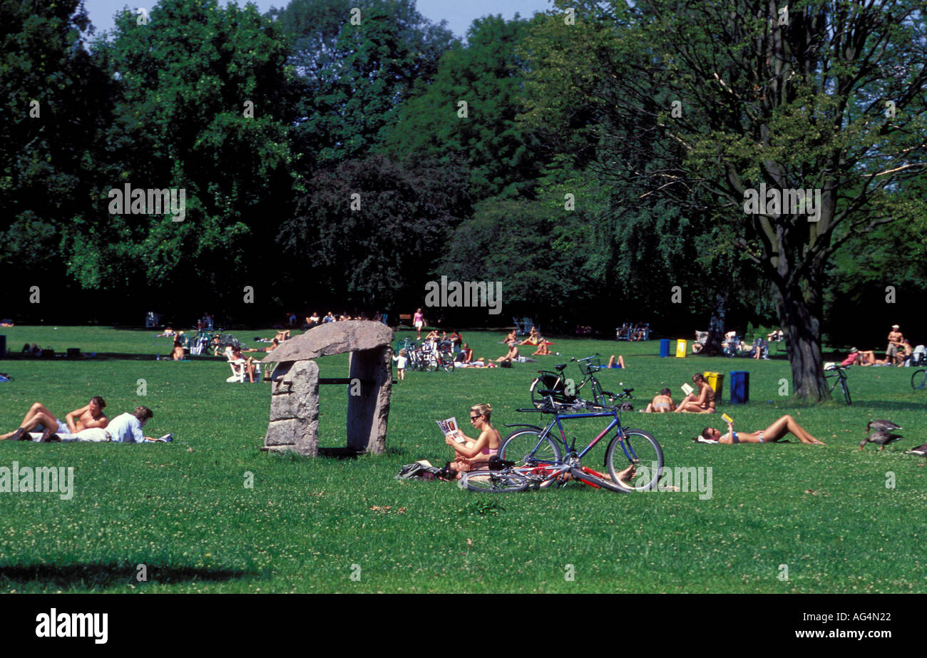 Germany Hamburg people at the Alster park located by the Aussenalster ...