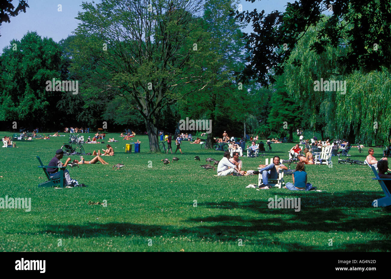 Germany Hamburg people at the Alster park located by the Aussenalster ...