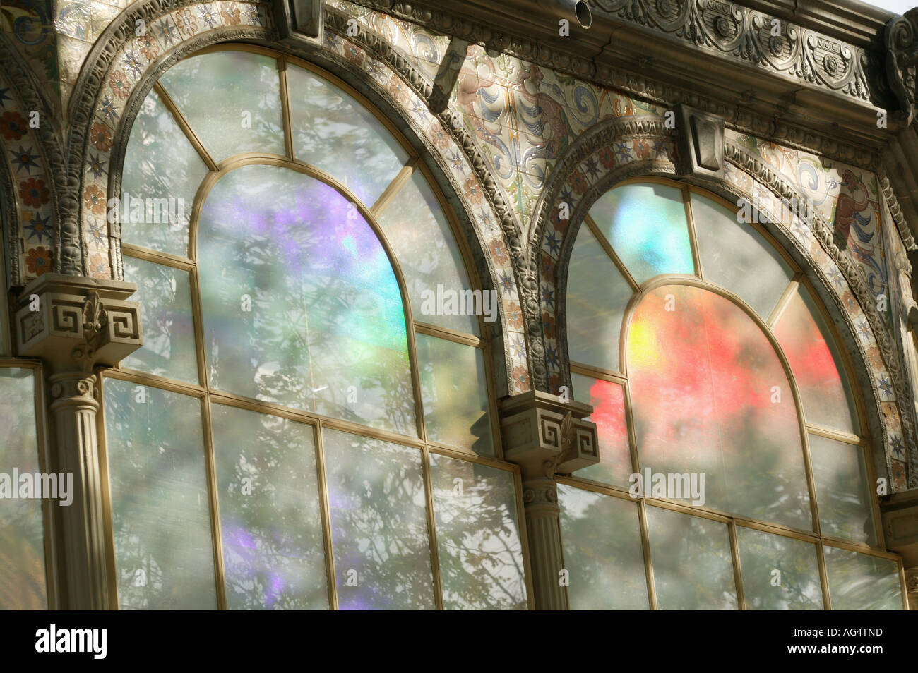 Stained glass windows of the Crystal Palace in Madrid Stock Photo - Alamy