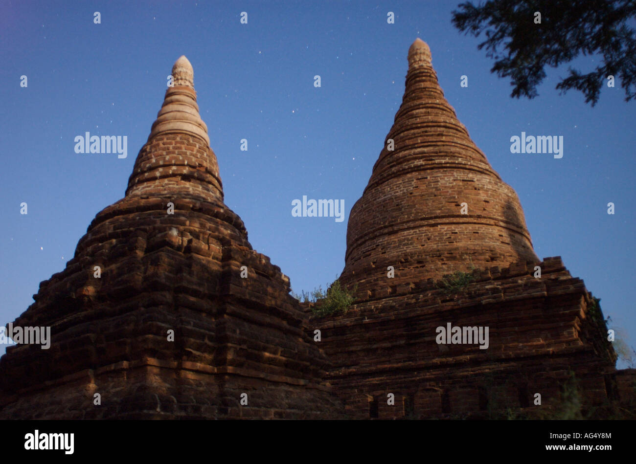 The temples of Bagan lit by moonlight at night with stars in Myanmar ...