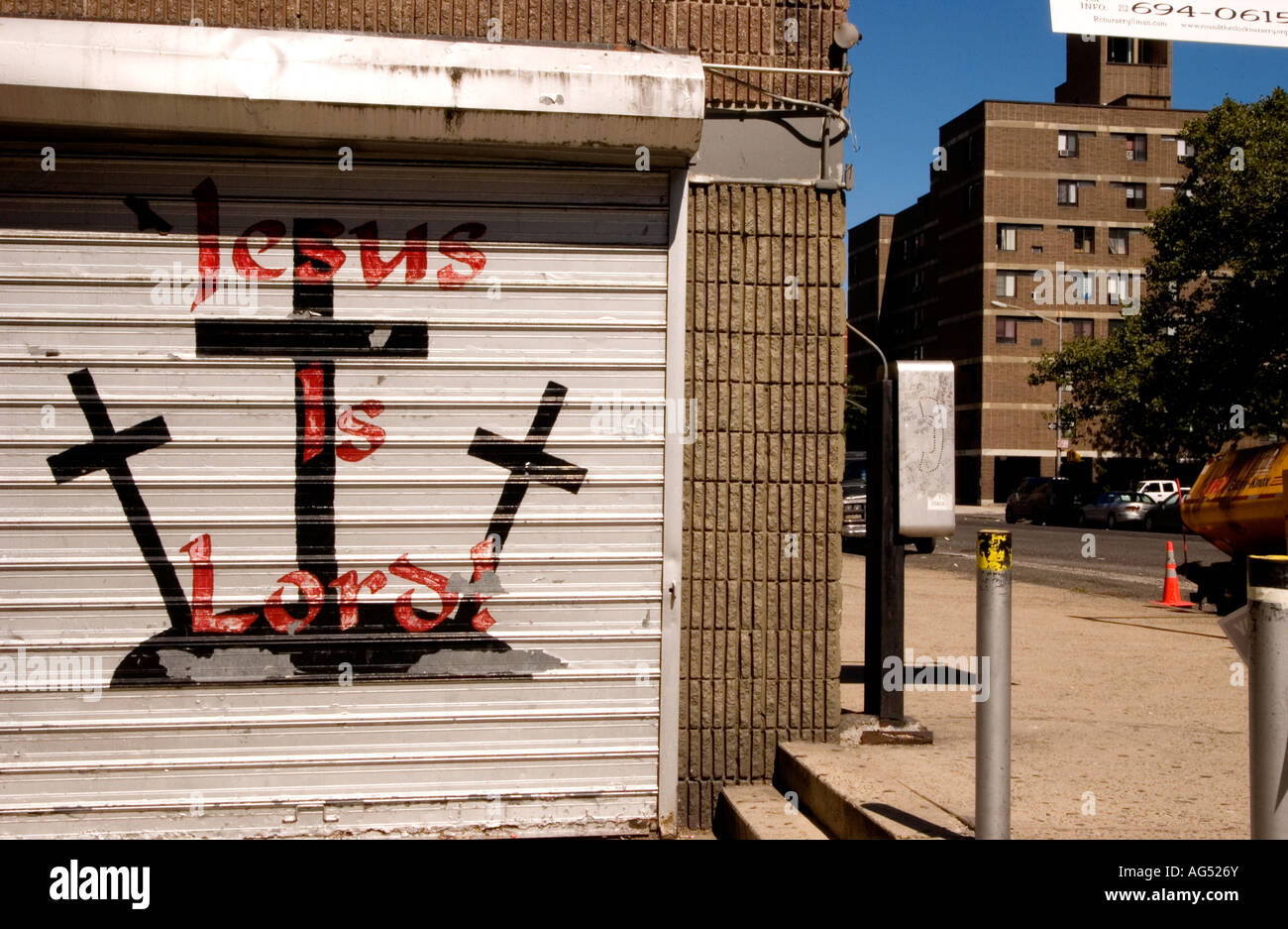 religious drawing in a shutter in Harlem, Manhattan Stock Photo - Alamy