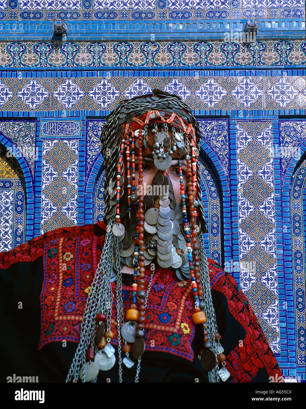 Beduoin bride, Jerusalem, Israel with a mosaic background from the Dome ...