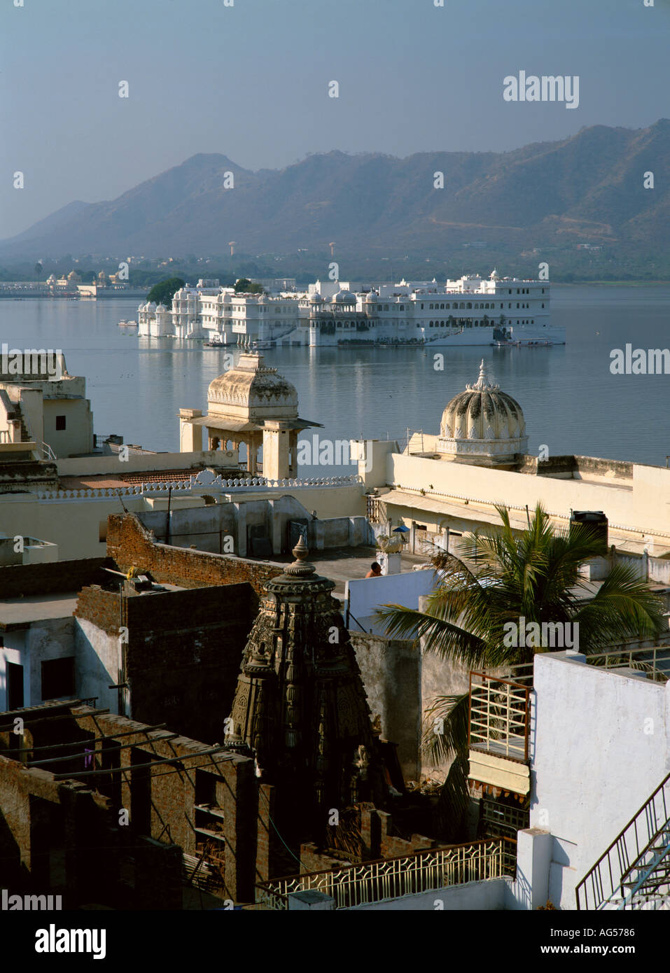 India Rajasthan Udaipur Roof top view to Lake Palace Hotel Stock Photo ...