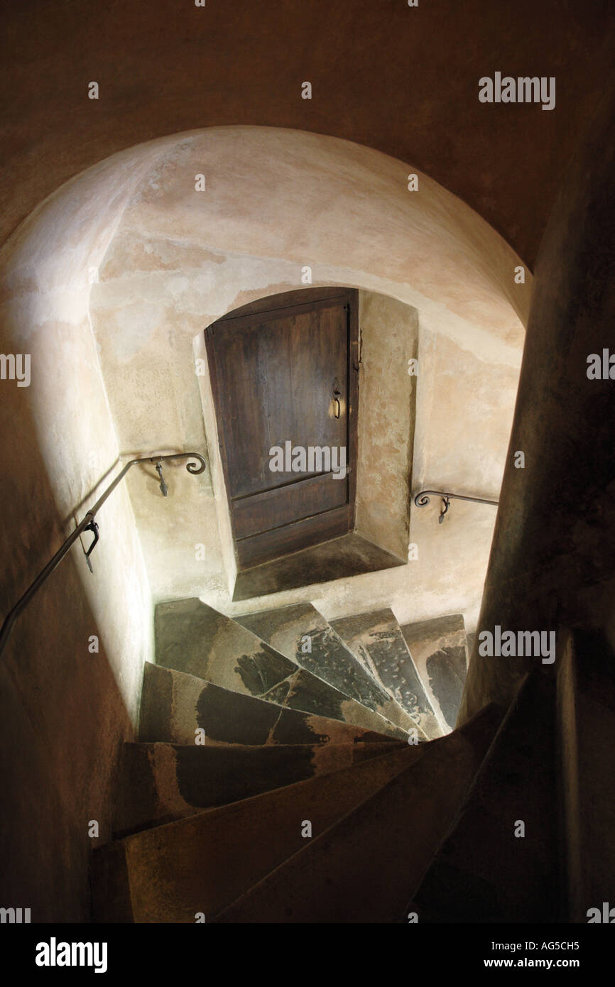 spiral staircase in the medieval castle of Chillon Stock Photo - Alamy