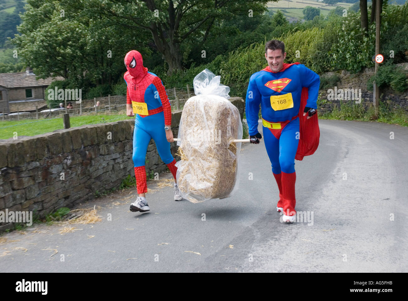 Runners dressed as Superman & Spiderman for the Oxenhope Straw Race ...