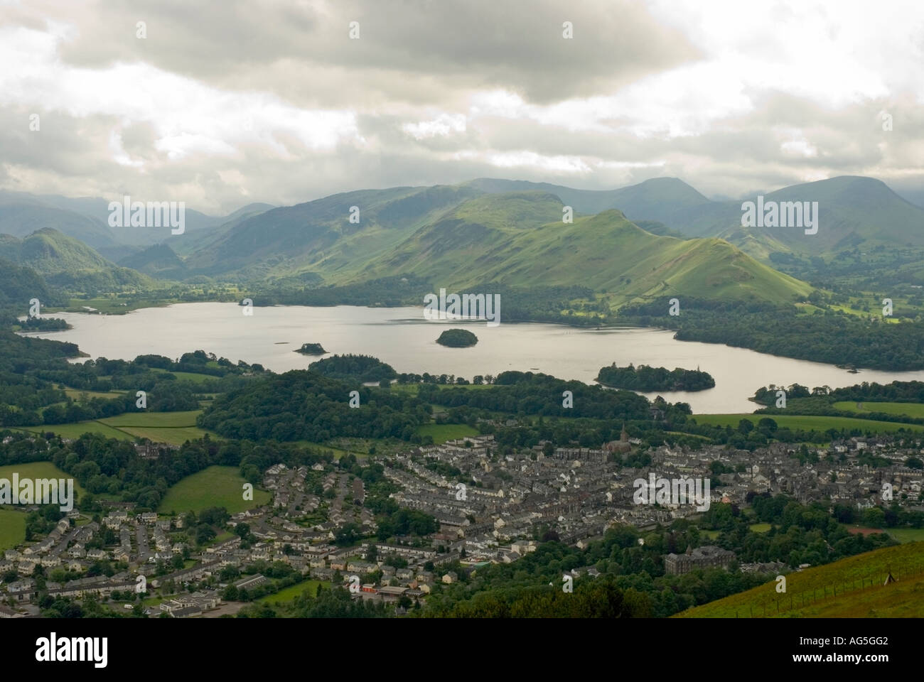View looking down on Keswick and Derwentwater Lake from Stock Photo - Alamy