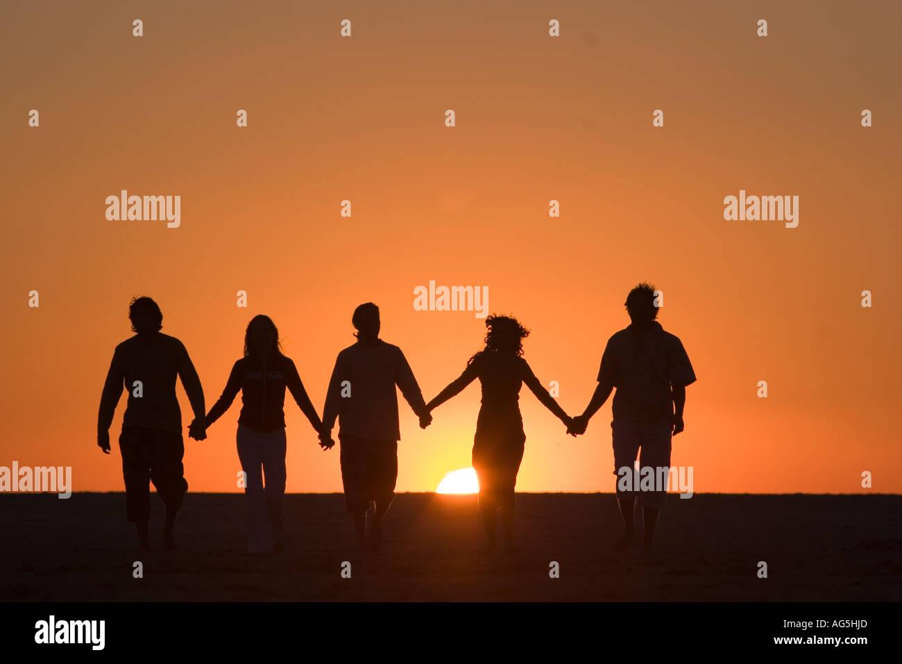 Group of best friends holding hands walking into the sunset Stock Photo ...