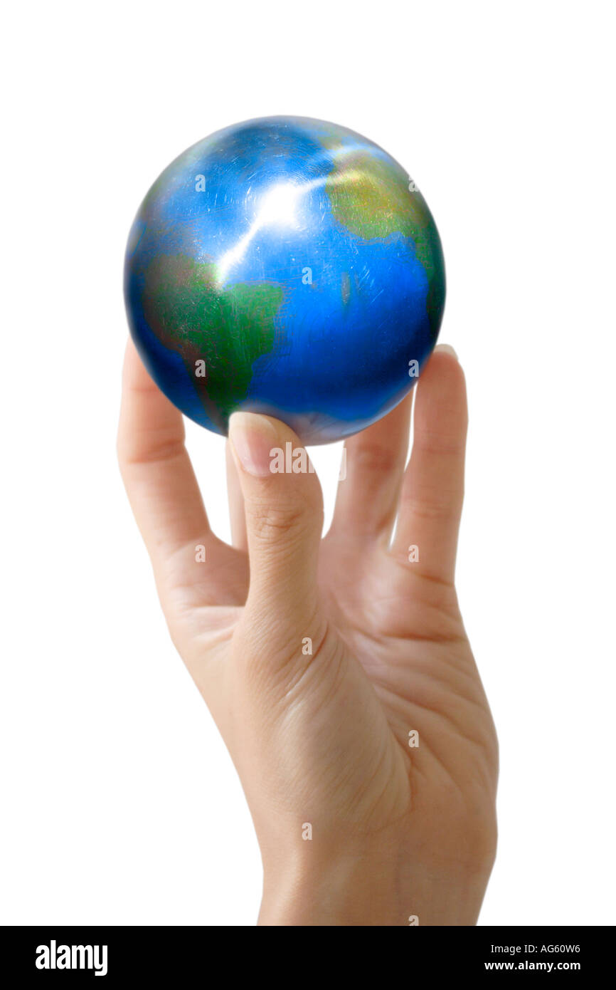 Globe on fingertips in front of white background Stock Photo - Alamy