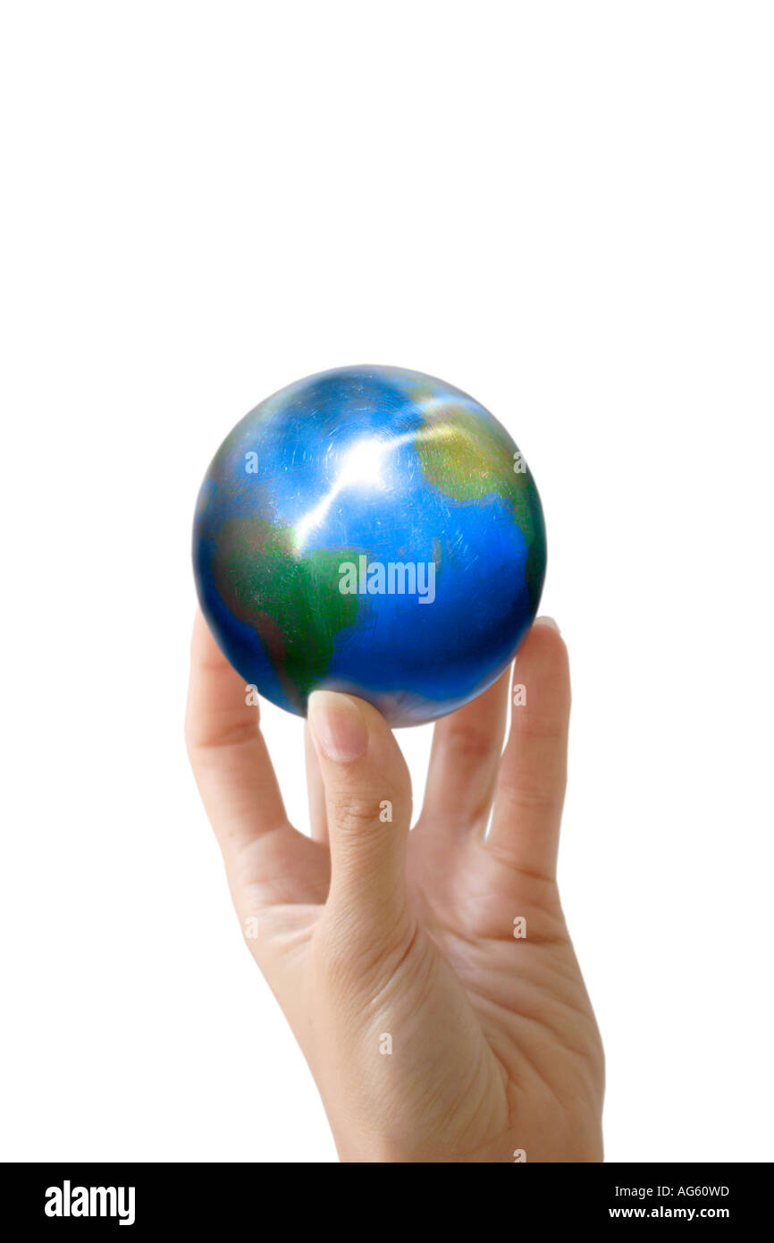 Close up of world on fingertips in front of white background Stock ...