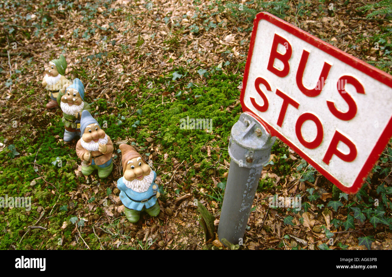Devon West Putford Gnome Reserve queue of gnomes at bus stop Stock ...