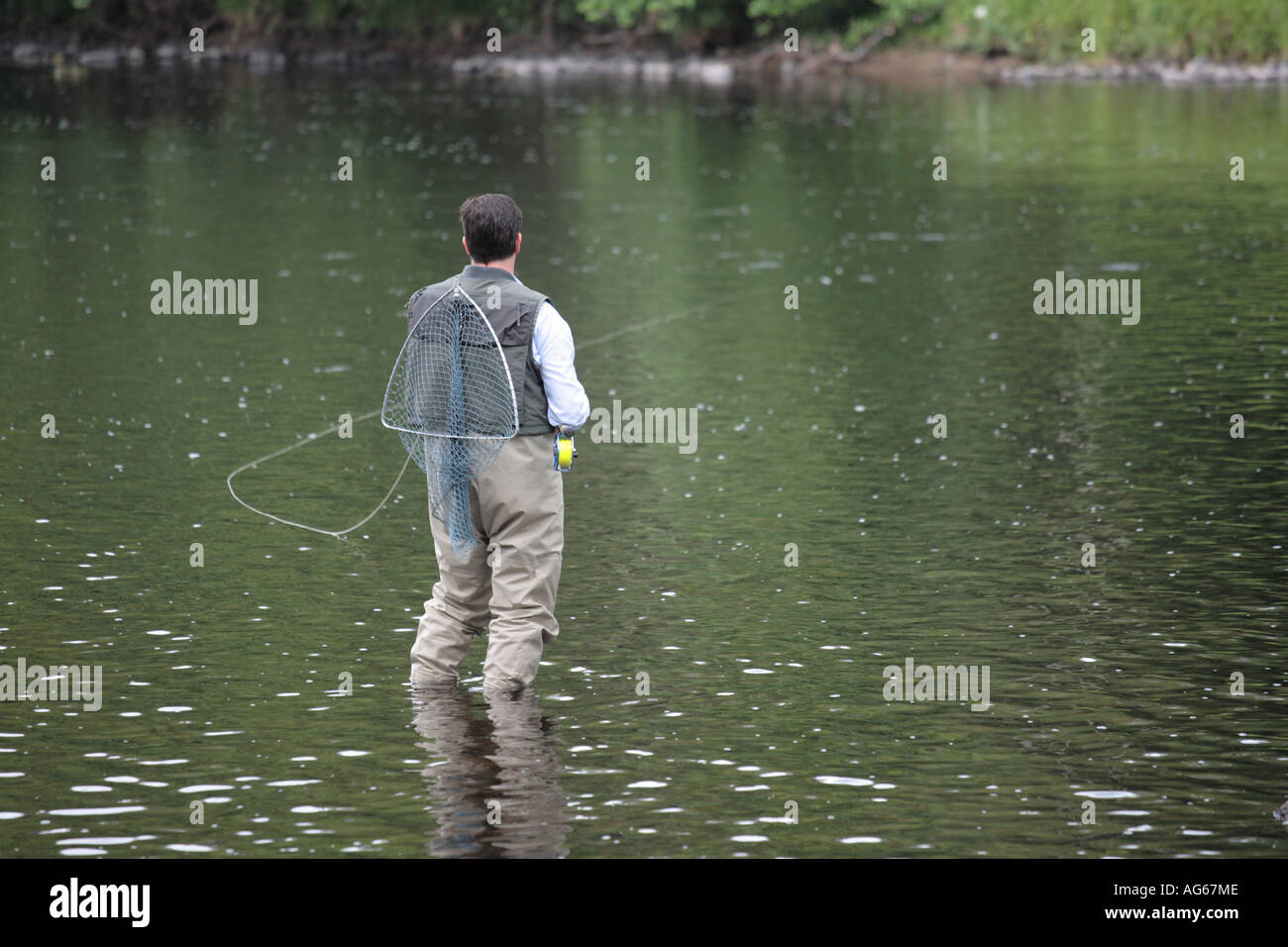 Fly Fisherman in waders, carrying landing net, riverside wading in the ...