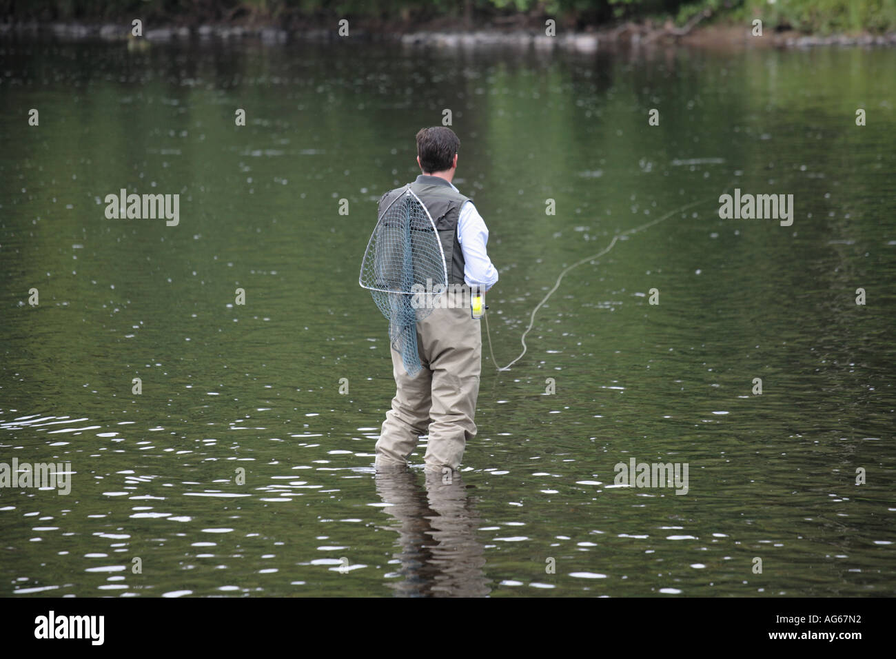 Fly Fisherman in waders, carrying landing net, riverside wading in the ...