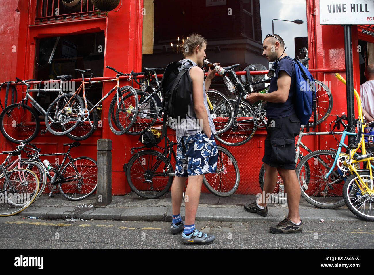 Cycle Couriers relaxing at the Duke of York on a Friday Night, London ...