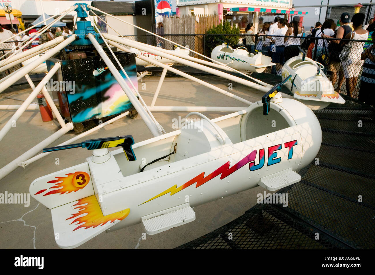 An empty jet rocket ride at Coney Island fairground in New York City ...