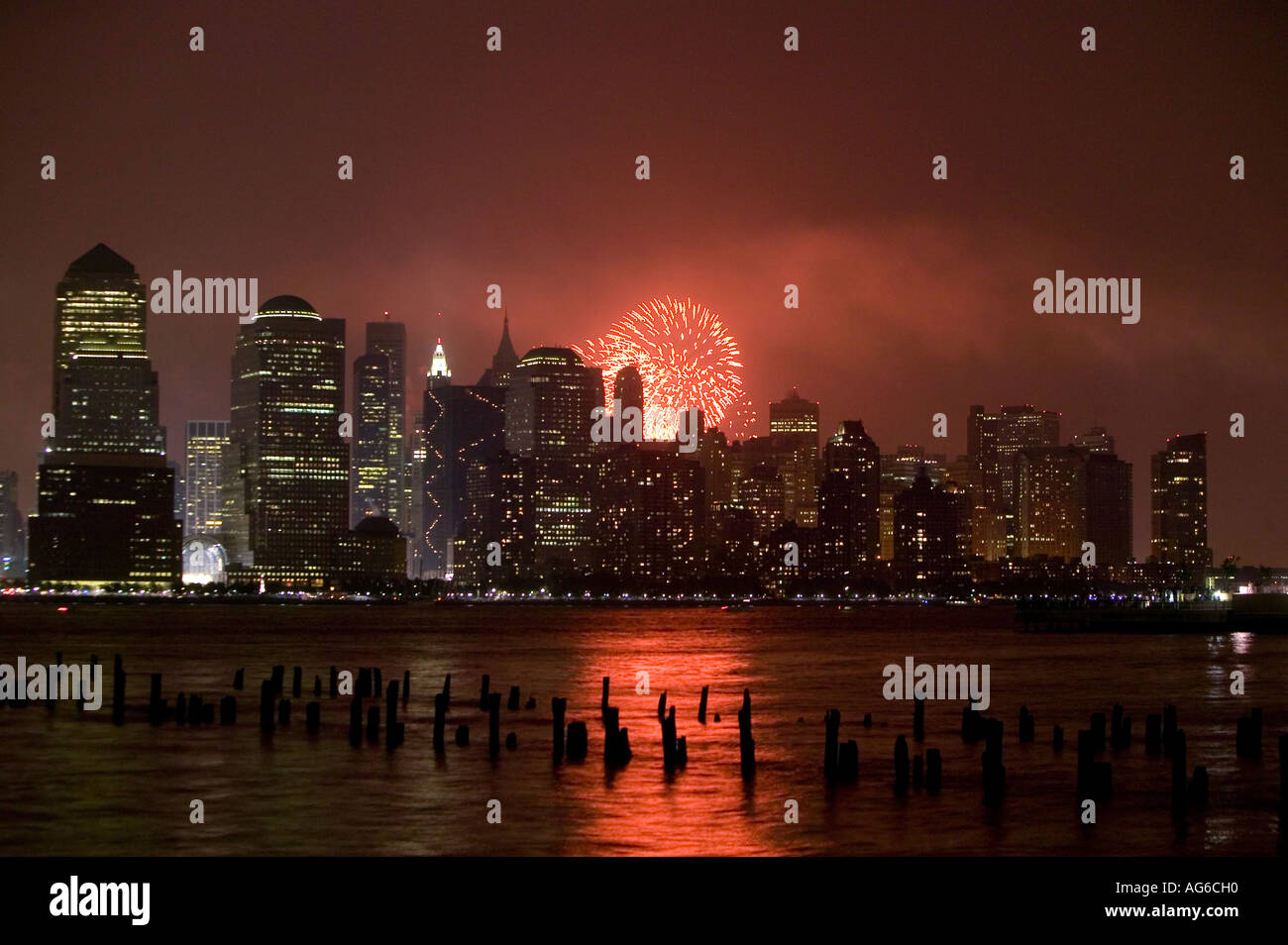 4th of July fireworks over downtown Manhattan in New York City USA seen ...