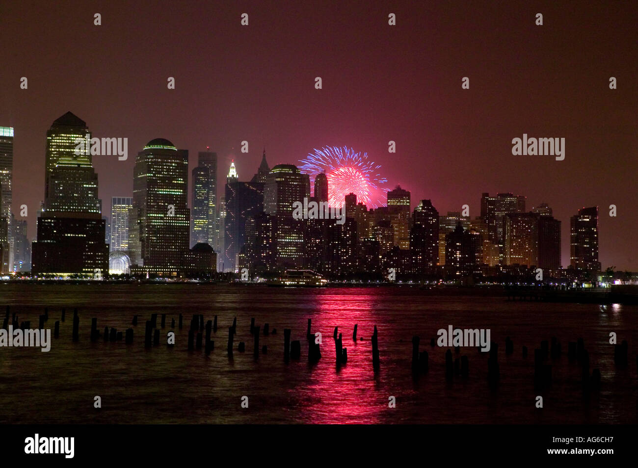 4th of July fireworks over downtown Manhattan in New York City USA seen ...