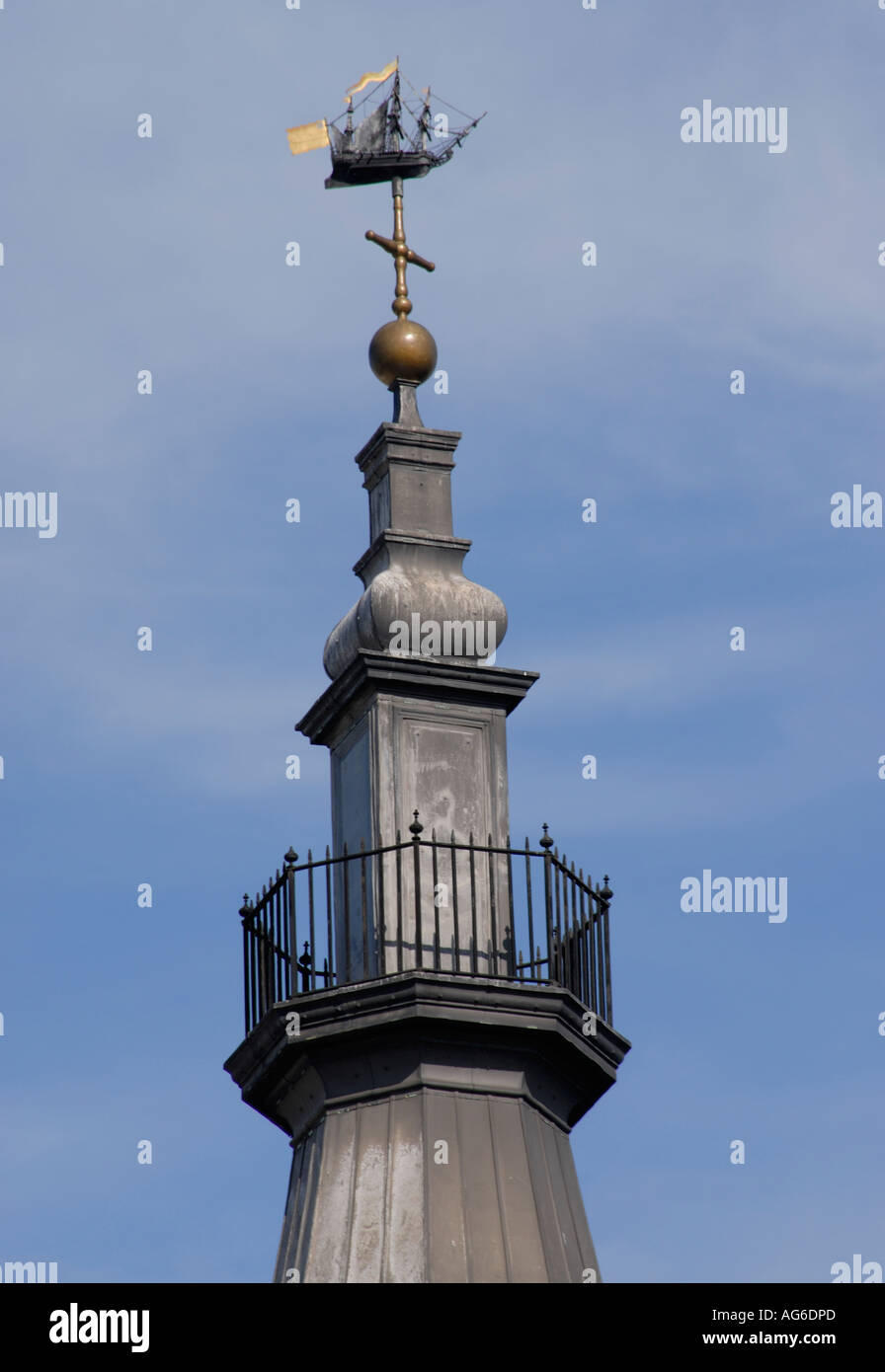 Top of the spire showing the gilded sailing ship weather vane of the ...