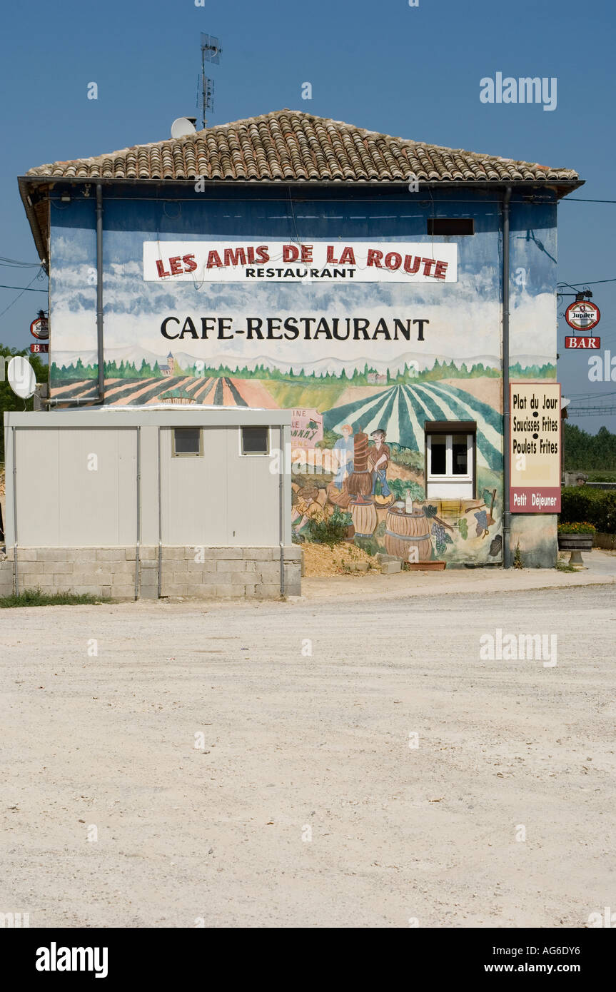 Traditional French cafe restaurant exterior on the N74 route near ...