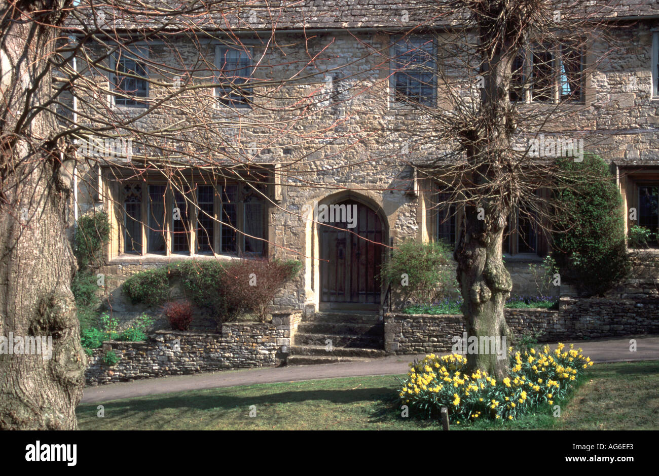 Old cotswold stone house, Spring street scene with daffodils, High ...
