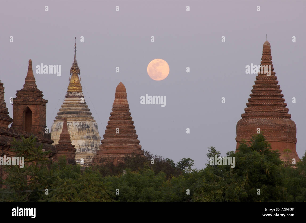 The moon rise among the temples of Bagan in Myanmar formerly Burma ...