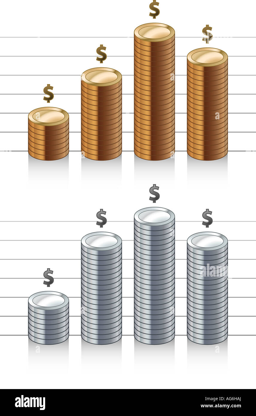 Stacks of coins making graph bar Gold and silver coin option Stock ...