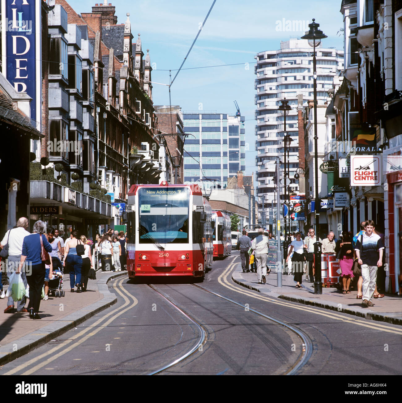 A tram in the pedestrianised part of George Street in Croydon town ...
