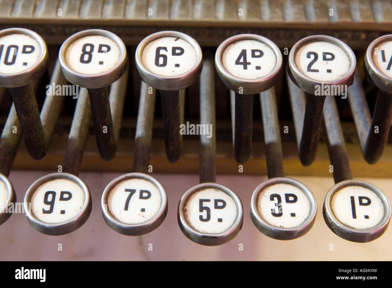 Old fashioned cash till showing shillings and pence on numbered keys ...