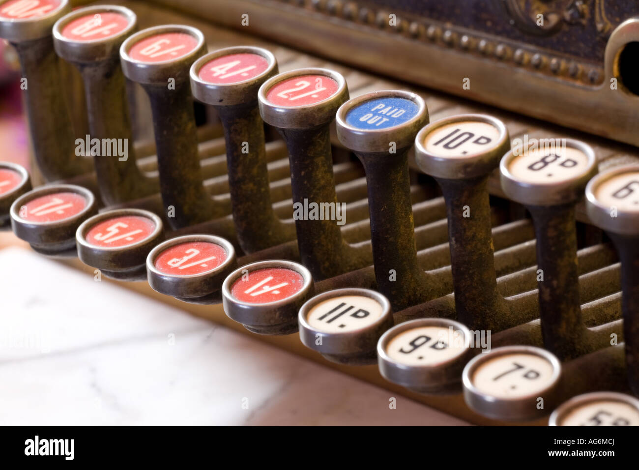 Old fashioned cash till showing shillings and pence on numbered keys ...